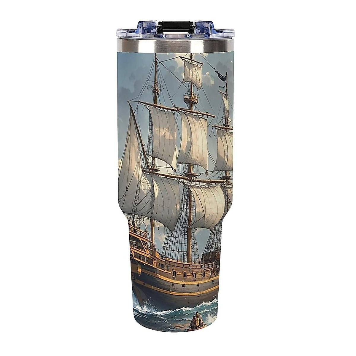 Nautical Sailing Pirate Ship 40 Oz Stainless Steel Tumbler with Handle & Straw Double-Walled Vacuum Insulated Travel Mug for Hot/Cold Drinks, Reusable Thermal Cup for Car Cup Holder