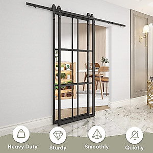 JUBEST Bypass Double Glass Barn Door 60 x 84 in with 6.6FT Side-Mounted Hardware Kit, 2 Sets of 30x84 in Clear Tempered Glass Aluminum Frame Barn Door for(Fit Max Opening 55 3/8"), Easy Assembly