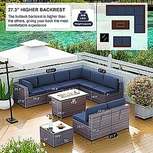 Kullavik 10 Pieces Outdoor Patio Furniture Set with 43" Gas Propane Fire Pit Table PE Wicker Rattan Sectional Sofa Patio Conversation Sets,Navy Blue