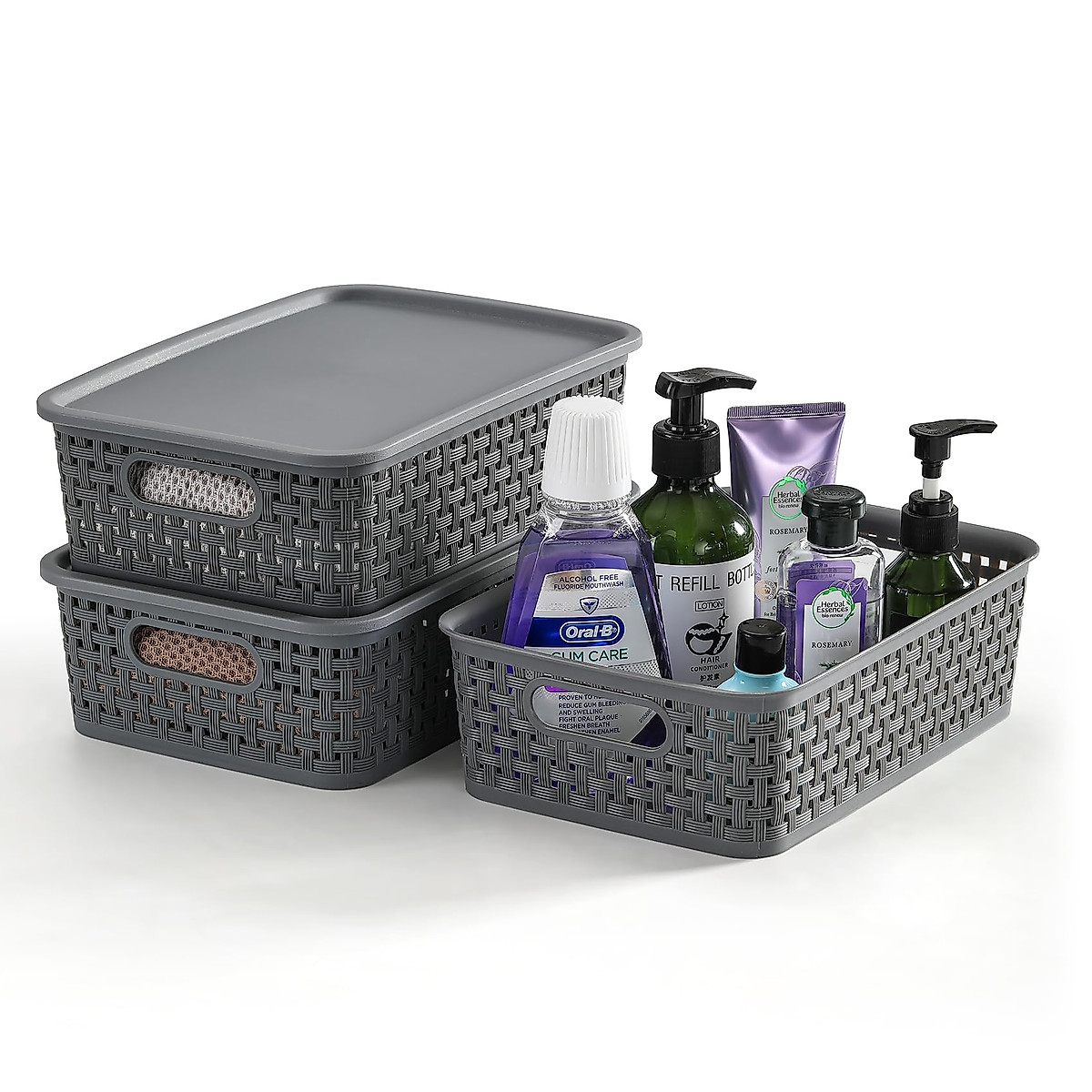 [ 12 Pack ] Plastic Storage Baskets With Lids, Small Pantry Organization, Stackable Storage Bins, Household Organizers for Cabinets, Countertop, Drawers, Under Sink or On Shelves,Gray