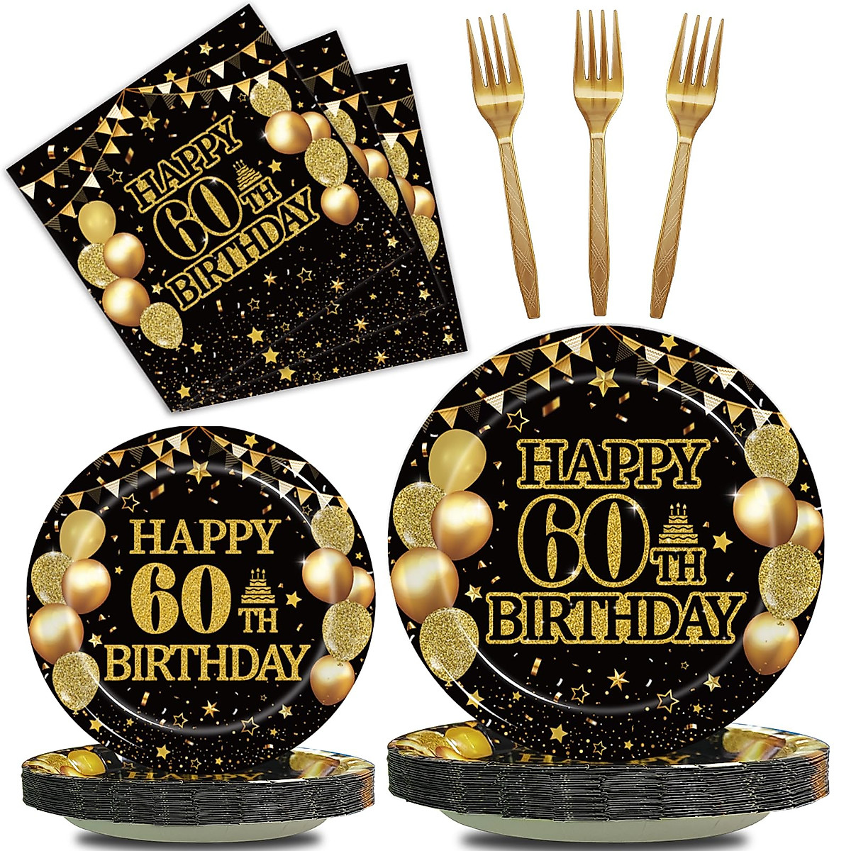 Kepeel 96Pcs 60th Birthday Party Tableware Set, Back in 1965 Birthday Party Decorations Supplies for Men Women Cheers to 60 Years Disposable Paper Plates Napkins Forks Favors, Serve 24