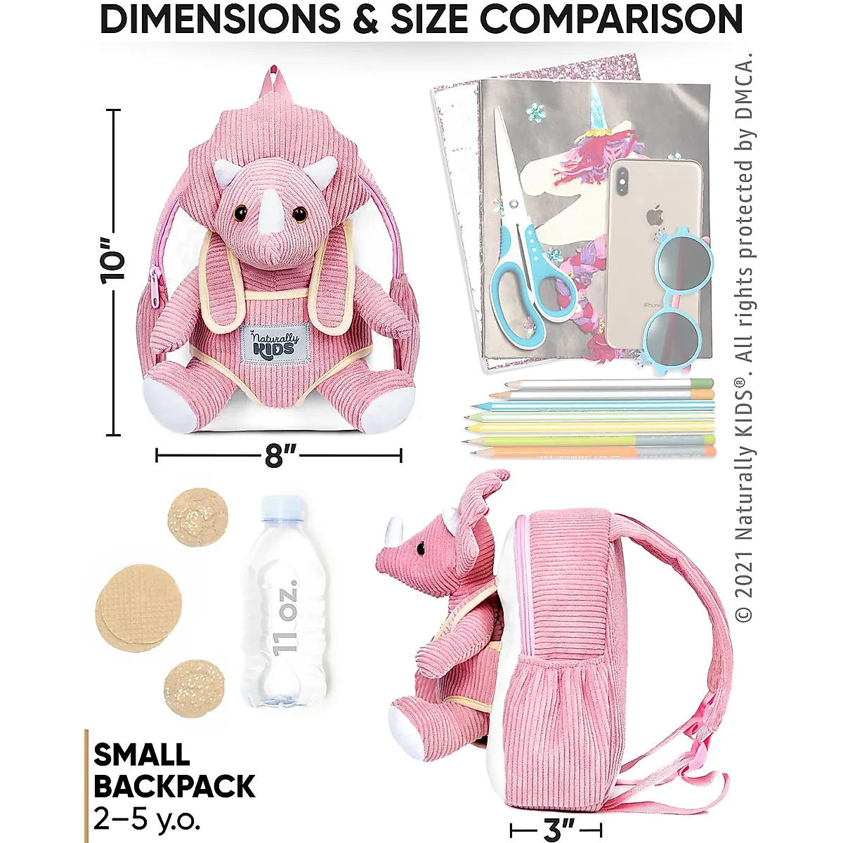 Naturally KIDS Pink Dinosaur Toys for Girls, Triceratops Toy, Dinosaur Gifts for 2 3 Year Old Girls, Toddler Backpack