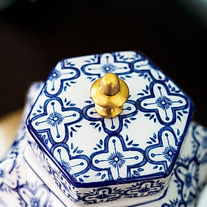 Blue and White Hand Painted Pattern Ceramic Ginger Jar with Lid Storage Decorative Jar for Home Decor