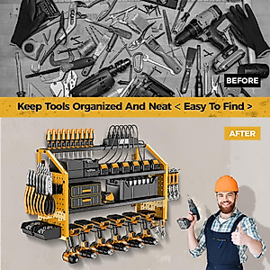 LBT Power Tool Organizer Wall Mount with Charging Station. Patented, Heavy Duty Steel, Garage 6 Drill Storage Shelf, 8 Hooks,2 Screw Boxes,6 Outlets Power Strip, Easy Install Power Tool Storage Rack.