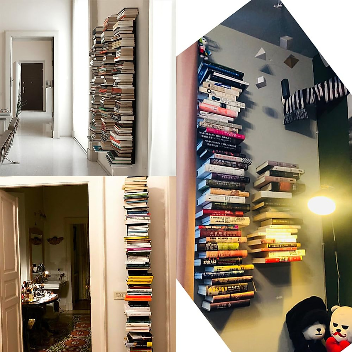 DuvinDD 8-Tier Floating Tree Bookshelf for Wall Mounted, Industrial Metal Vertical Spine Book Tower, Hanging Bookshelf Home Office Book Storage Shelves for Wall, 4 Pack