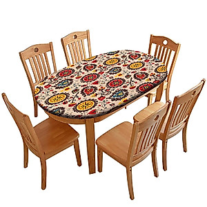 Atury Boho Sunflower Oval Fitted Tablecloths, Fantasy Flower Elastic Edged Table Cover, Waterproof Table Cloth Wrinkle Resistant Decor Indoor Family Banquet Use Fits Oblong 48'' x 72'' Table