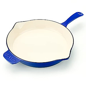 Lava Enameled Cast Iron Ceramic Skillet with Side Drip Spouts - 11 inch Round Frying Pan with White Ceramic Enamel Coated Interior - Edition Series (Blue)
