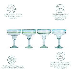MyCajita Mexican Glassware, Aqua Rims 10oz Margarita Glasses, Set of 4 Unique Hand Blown Glass, Handcrafted by Talented Artisans Thick & Sturdy Easy to hold