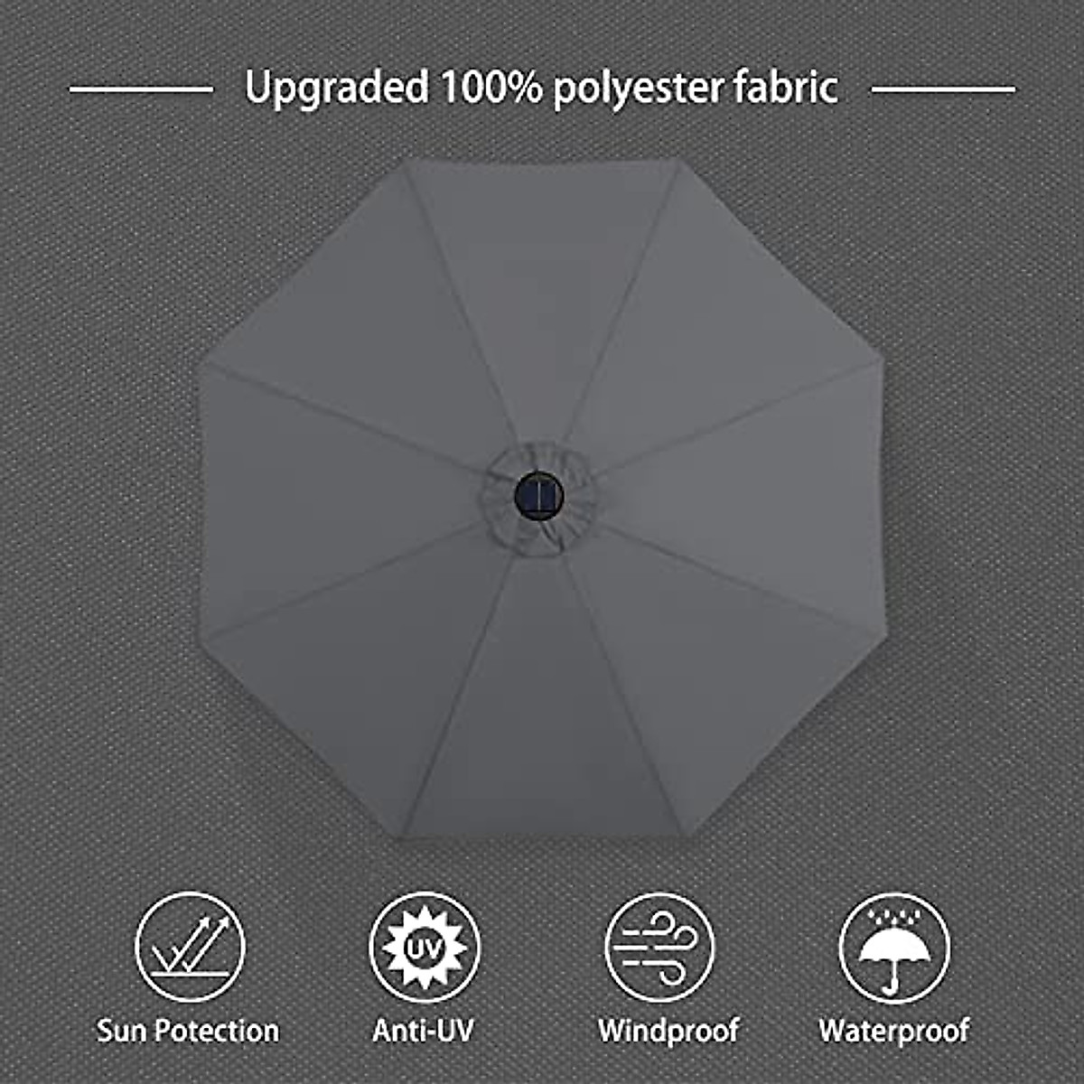 JMEXSUSS 9ft Patio Umbrella with Solar Lights, 32 LED Lighted Umbrella Outdoor Patio Table Umbrella, 8 Ribs Market Umbrella w/Tilt Adjustment and UV-Resistant Fabric, Grey