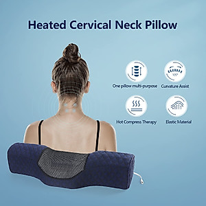 Neck Roll Pillows for Pain Relief Sleeping, Heated Memory Foam Cervical Neck Support Pillow for Bed with USB Graphene Heating for Stiff Neck Pain Relief (Dark Blue)