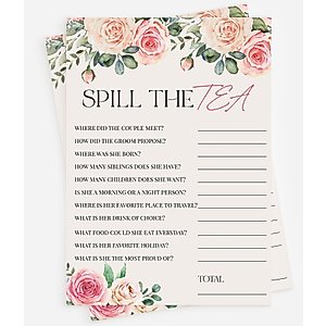 50 Spill The Tea Party (50-Cards) Fun Bridal Shower Game Activity, Who Knows the Bride Best, Decorations, Engagement Party, Rehearsal Dinner, Bridgerton