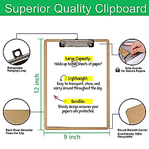 Clipboards,Set of 6 Multi Pack Clipboard, ECO Friendly Durable Wooden 9"x12" Hardboard | Holds 100 Sheets! with Strong Hangable Low Profile Clip | Standard A4 Letter Size Office Classroom Supplies