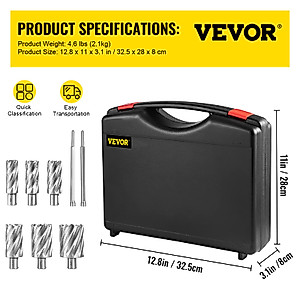 VEVOR Annular Cutter Set, 6 pcs 3/4" Weldon Shank, 2" Cutting Depth and Cutting Diameter from 1" to 2", 2 Pilot Pins & Strong Case for Using with Magnetic Drills, Silver