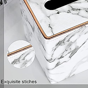 GOLRANLYE Tissue Box Cover Square PU Leather Facial Tissue Box Holder for Dresser Bathroom Decor (White Marble Pattern)