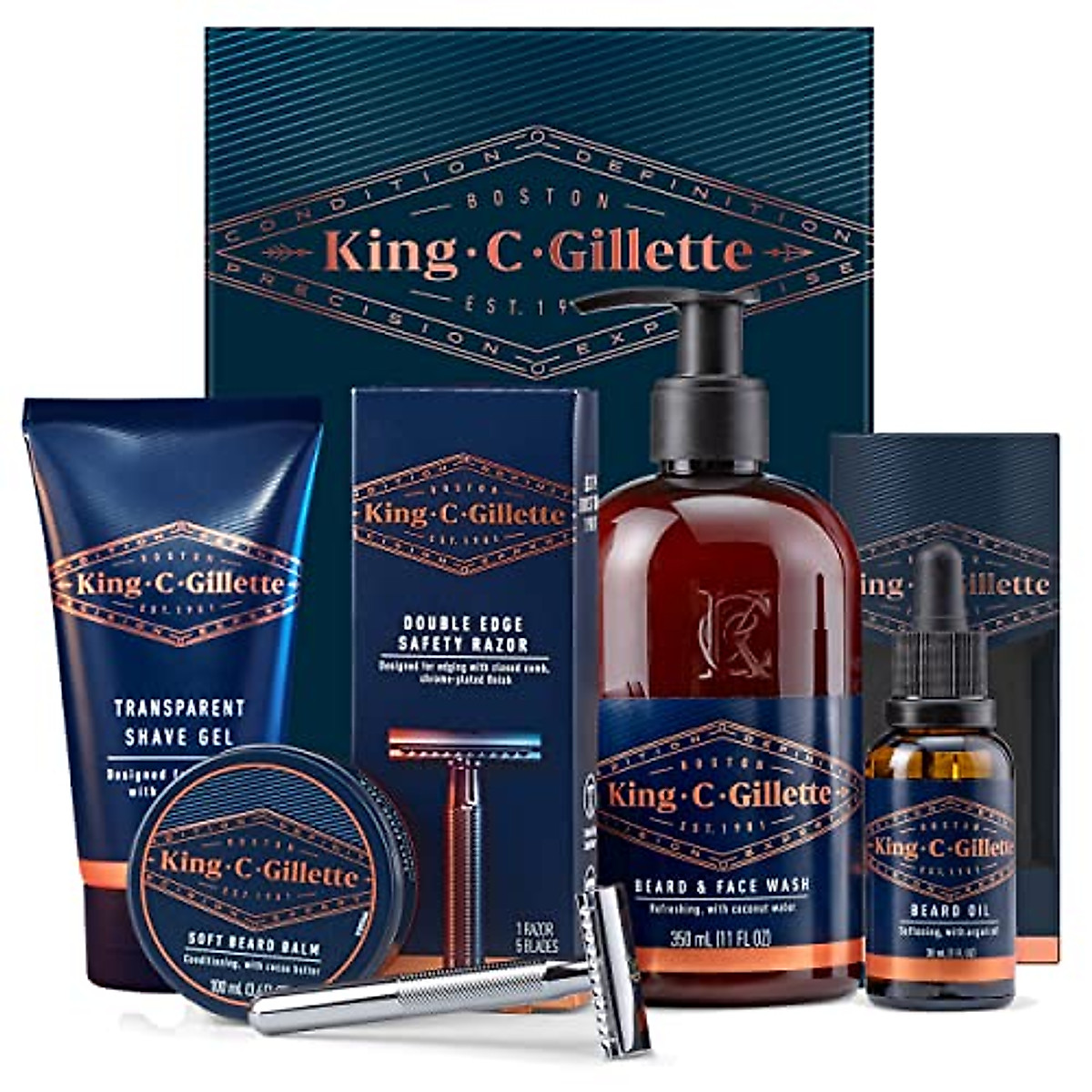 King C. Gillette Complete Men's Beard Care Gift Kit, Double Edge Safety Razor, Beard and Face Wash, Beard Oil, Beard Balm, Shave Gel