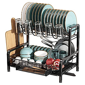 BOOSINY Dish Drying Rack and Drainboard Set for Kitchen Counter, 2 Tier Large Stainless Steel Sink Organizer Dish Racks with Cups Holder, Utensil Holder, Dish Strainer Shelf (Black)
