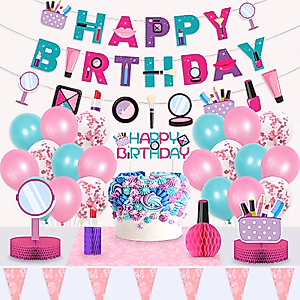 Sumind Spa Theme Party Supplies for Girls Makeup Party Decorations Includes 3 Happy Birthday Banner 1Cake Topper Pick and 20 Latex Balloons 4 Honeycomb Centerpieces for Spa Make up Theme Party Decor