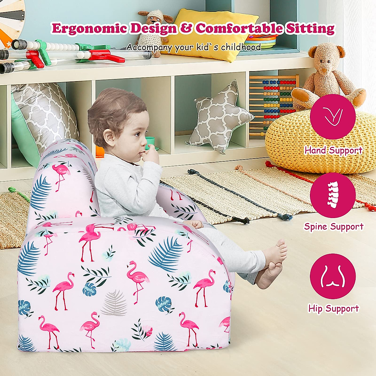 Costzon Kids Couch, 3 in 1 Convertible Flip Open Children's Sofa w/Foam-Padded Seat, Toddler Armrest Chair Bed for Nap Play Sleep, Fold Out Lounger Kids Sofa, Gift for Children Boys Girls (Flamingo)