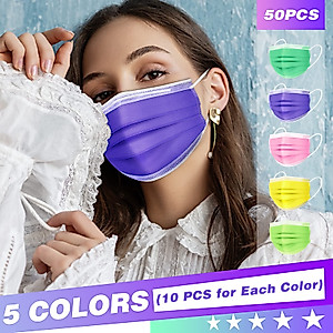 Disposable Face Masks, 50 Pack- 3 Layer Individually Wrapped Masks For Women, Men, Unisex Adults, Breathable Colorful Face Masks Disposable(5 Rainbow Colors)