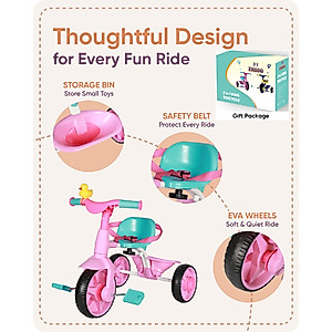 KRIDDO 2 in 1 Kids Tricycles Age 18 Month to 3 Years, EVA Wheels Upgraded, Gift, Trikes for Toddlers 2 to 3 Year Old with Push Handle and Duck Bell, Pink