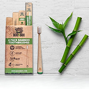 BOONBOO Bamboo Toothbrushes, Wooden Handle, Stand-Up, Pack of 4, Adult