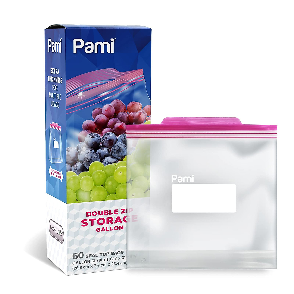PAMI 60-Pack Gallon Sandwich Bags, Leakproof Double Zipper Storage Bags with Expandable Bottom, Write-On Label, Thick Reusable