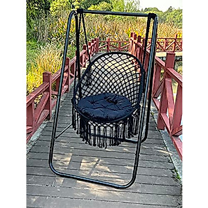 YUCAN Hammock Chair Stand with Backrest Hanging Chair Included, Extended Macrame Hanging Cotton Rope Chair with a Pillow for Indoor and Outdoor(Black), Large size