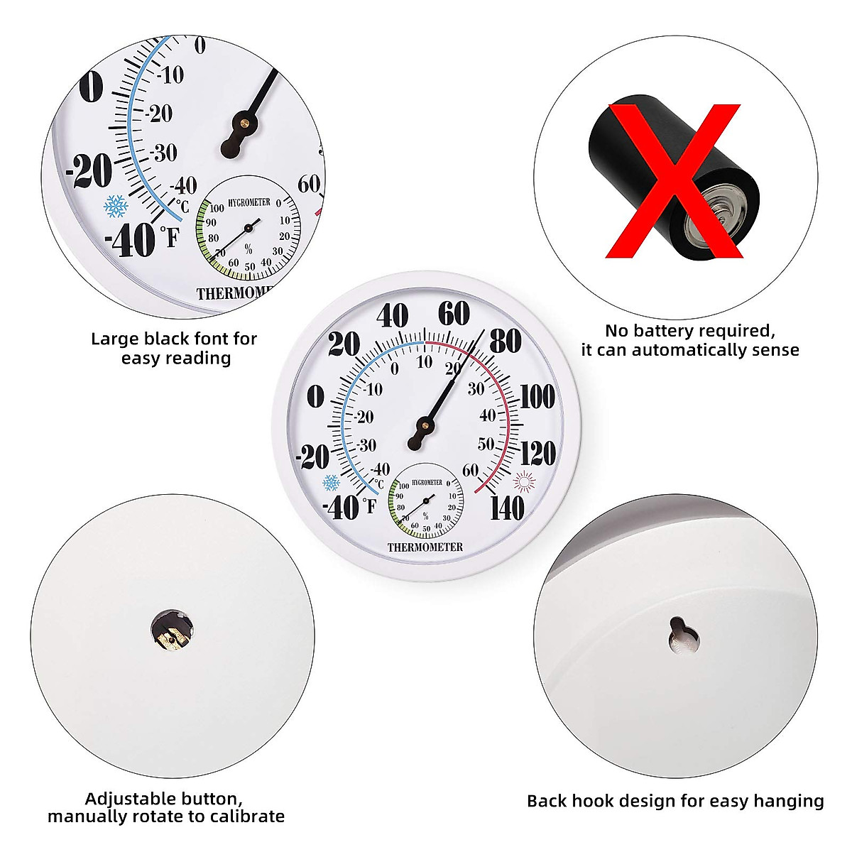 Indoor Outdoor Thermometer Large Waterproof Wall Patio Weather Thermometer No Battery Required Hanging Decor (White)