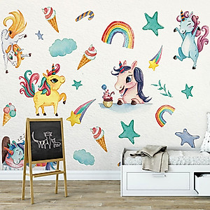 Maydahui Cartoon Unicorn Wall Decals Stickers Rainbow Cloud Candy Ice Cream Vinyl Decals (41*41 Inch) Peel & Stick Removable Girls Bedroom Art Murals Decor for Baby Kids Room Nursery Christmas Gifts