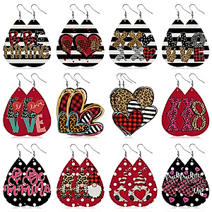 Fzbali Valentine's Day Gnome Heart Red Pink Faux Leather Drop Black Striped Buffalo Plaid Dangle Earrings Zebra Leopard Teardrop Cheetah Polka Dots Jewelry for Women Set of 12
