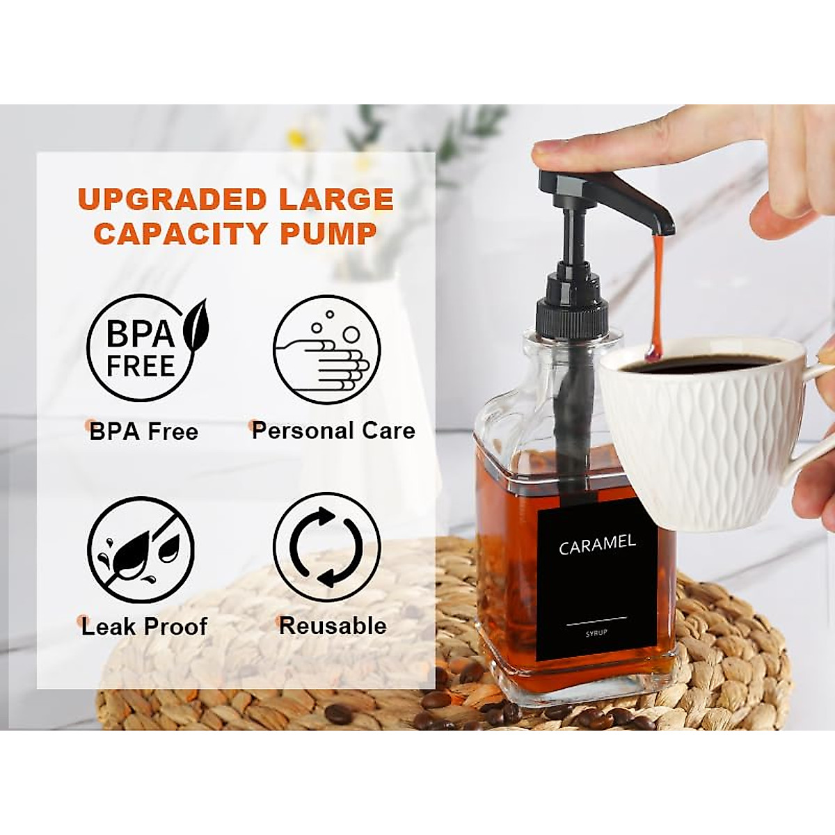 GMISUN Coffee Syrup Dispenser for Coffee Bar, Square Glass Syrup Dispenser with 1/4oz Large Capacity Pump, Coffee Syrup Pump Dispenser, Coffee Bar Accessories, Organizer, Decor, Black, 16oz, 4 Pack