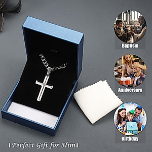 SAILIMUE 925 Sterling Silver Cross Necklace for Men Women with Stainless Steel Diamond Cut Cuban Link Curb Chain Beveled Edge Crucifix Pendant Necklace Cross Jewelry 18 Inches