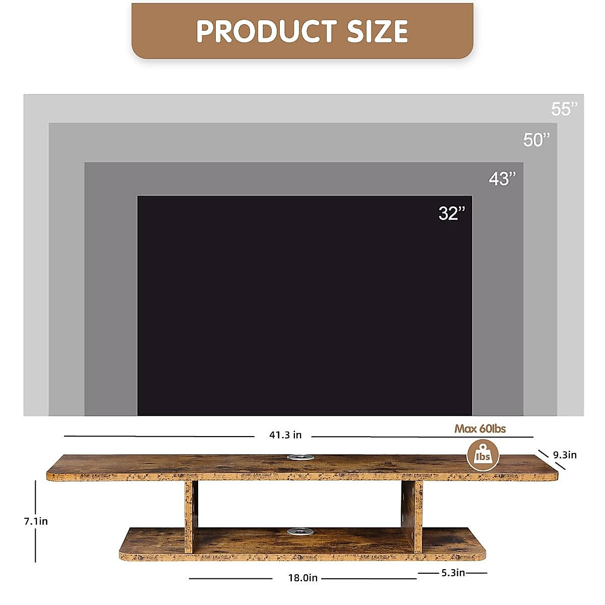 GHC Floating TV Stand, Wall Mounted Entertainment Center and Cabinet Shelf, TV Console with Storage, Media Console for DVD Player, Space-Saving Under TV Shelf for Bedroom (Rustic Brown)