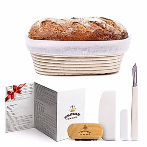 Banneton Bread Proofing Basket By Caesar Bread, 10 Inch Oval Sourdough Brotform For Rising Dough Set, Include Cloth Liner, Scraper, Bread Lame, Brush & Recipe Book For Beginners & Professional Bakers