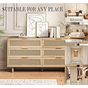 6 Drawer Double Dresser for Bedroom,Natural Rattan Modern Drawer Chest,Wooden Storage Wardrobe Dresser with Gold Handles,Floor Standing Storage Cabinet, for Entrance,Living Room,Hallway-Natural