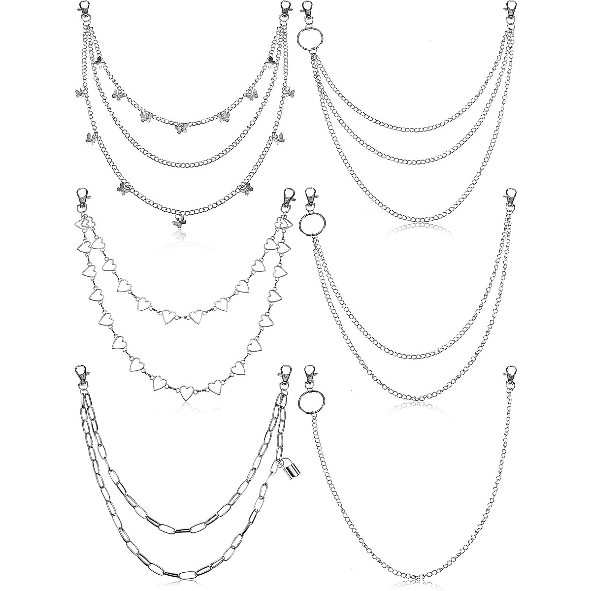 6 Pieces Chain Belt Jeans Pants Chain Goth Multi Layer Chains Heart Butterfly Lock Charm Waist Chain Wallet Chain Pocket Chain for Women Men(Butterfly Style)