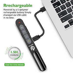 AMERTEER Wireless Presenter, Green Light Rechargeable Presentation Remote Powerpoint Clicker with Laser Pointer PPT Slides Clicker Support Hyperlink RF 2.4GHz