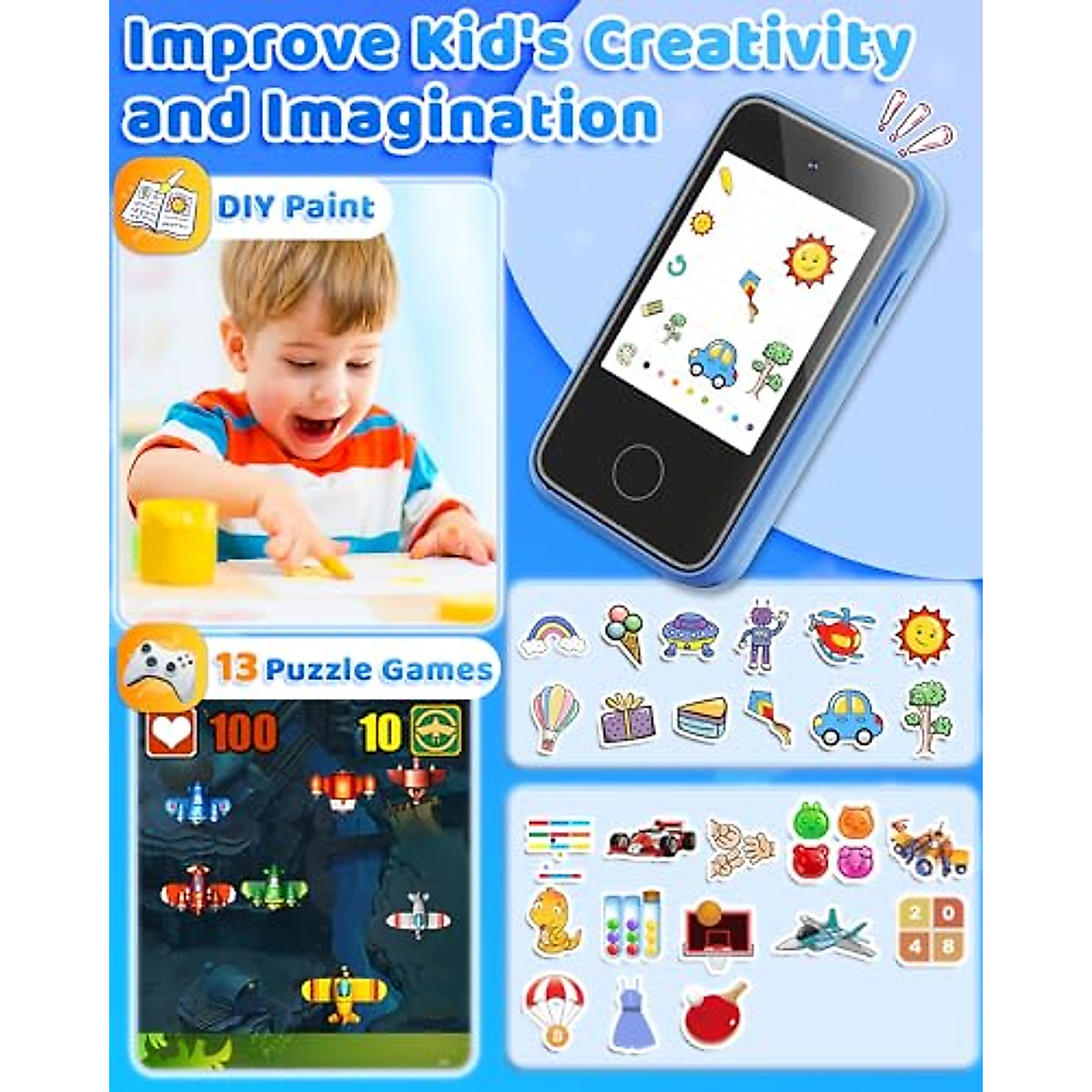 DUDUDRAGON Kids Smart Phone Toy for Boys 3 4 5 6 Year Old, MP3 Music Player, Dual Camera Travel Toys Educational Games, Toddler Birthday Gifts Touchscreen Pretend Play Phones for 3-8 Year Old，Blue