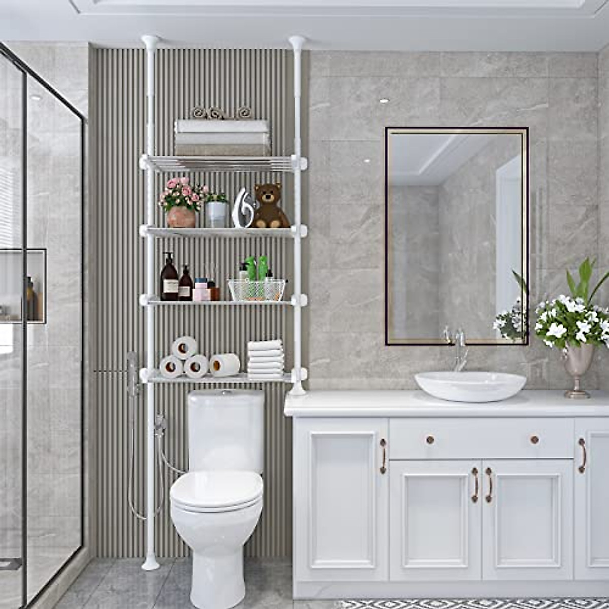 Lilyvane 4 Tiers Over The Toilet Storage, 97 to116” Adjustable Tension Pole Over Toilet Bathroom Organizer, Freestanding Bathroom Shelves Over Toilet for Most Showers Over The Toilet Shelf