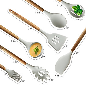 Silicone Cooking Utensils | Wooden Handle, Non-Stick Cookware Heat Resistant Kitchen Utensil Spatula, Slotted & Solid Spoon, Soup Ladle, Slotted Turner and Spaghetti Server,| Acacia Wood - Light Grey