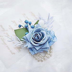 AJOYEGG Wrist Corsage and Boutonniere Set: Corsage Wristlet Band Bracelet Flower and Men Boutonniere Rose Flower Set for Wedding Prom Suit Decoration(Dusty Blue)