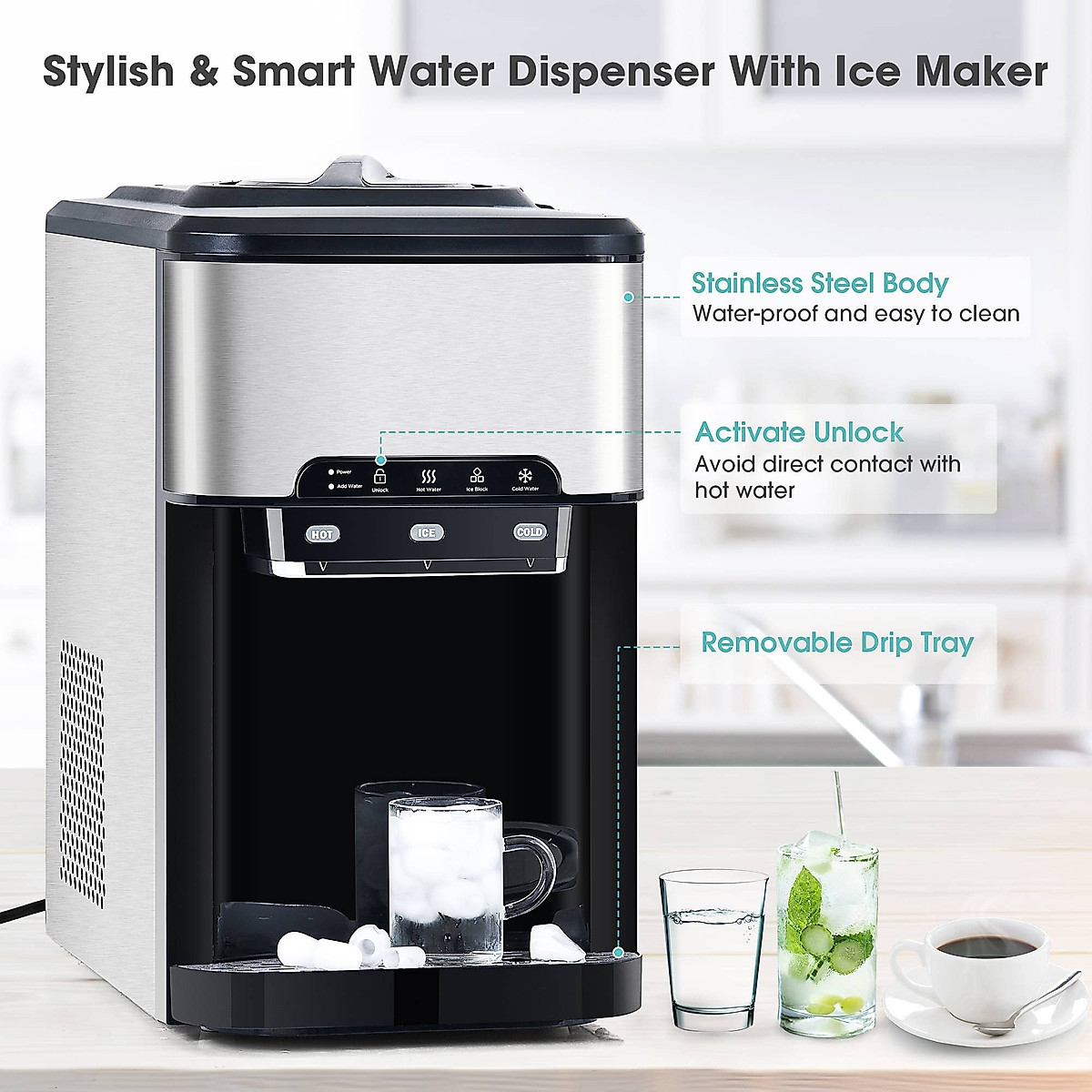 3 in 1 Water Dispenser with Ice Maker Countertop Portable Water Cooler