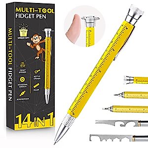 XAMAWA Multitool Fidget Pen - Gifts for Him Boyfriend Husband, Stress Relief Cool Gadgets Tools Gifts for Men Dad, Multi-tool Pen for Office Engineer Woodworkers Construction - Yellow