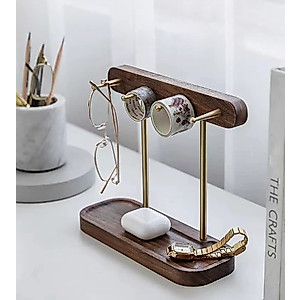 Nbcymg Key Rack Tabletop Key Holder Stand Modern Walnut Wood & Brass Jewelry Organizer Tray Home Decor