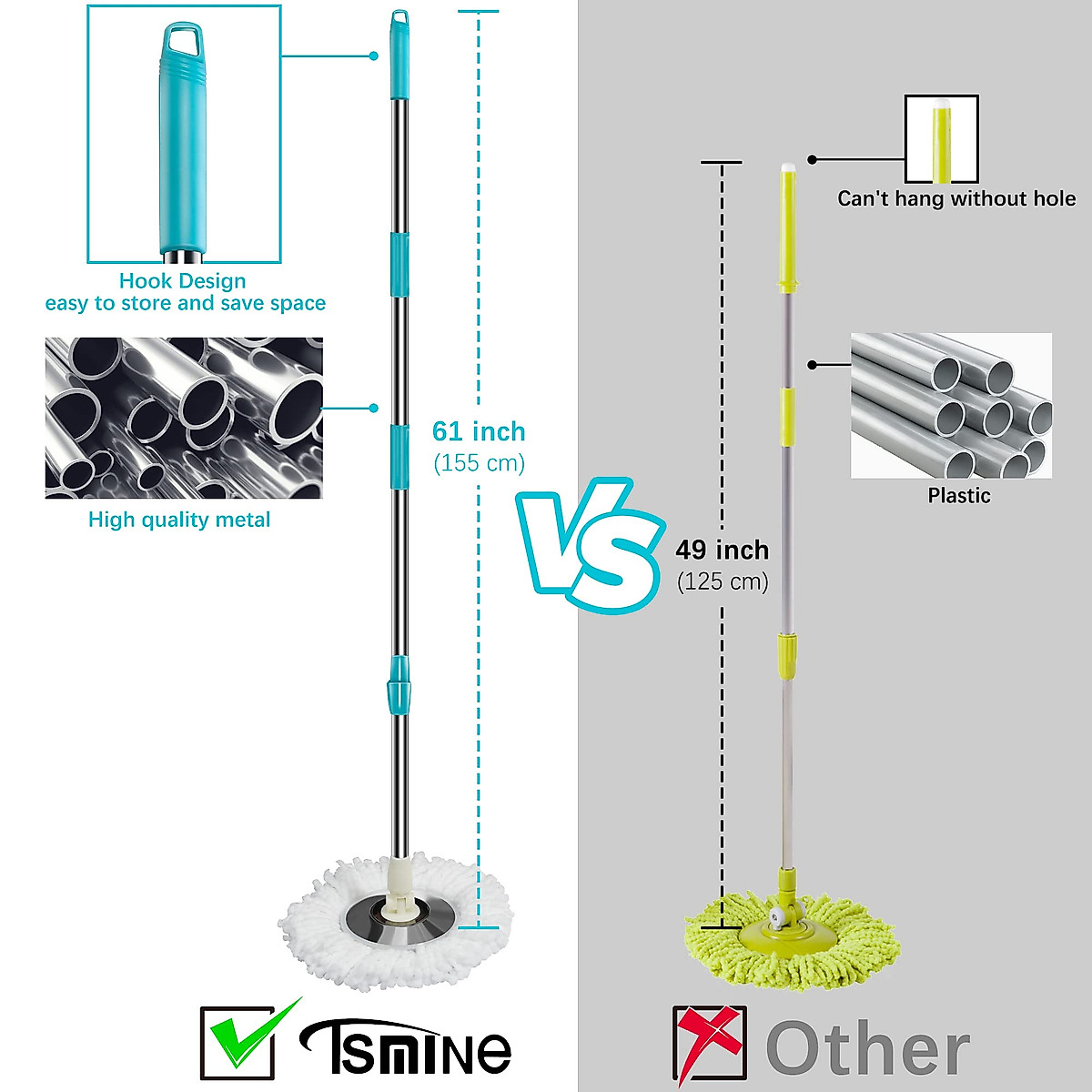 Tsmine 3-Section 35-to-61 Inch Spin Mop Replacement Pole Handle Mop Refills Compatible with Round Spin Mop, Microfiber Mop Floor Head Mop - Blue