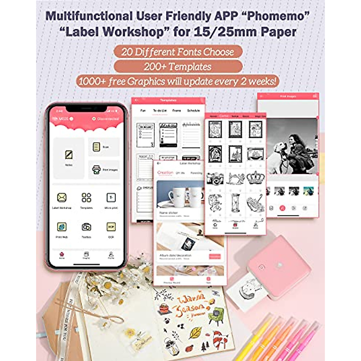 Phomemo 300dpi Pocket Phone Printer- M02 Pro Mini Photo Printer Wireless Thermal Printer for iOS and Android, Plan Journal, Organization, Art Creation, Gift, Pink