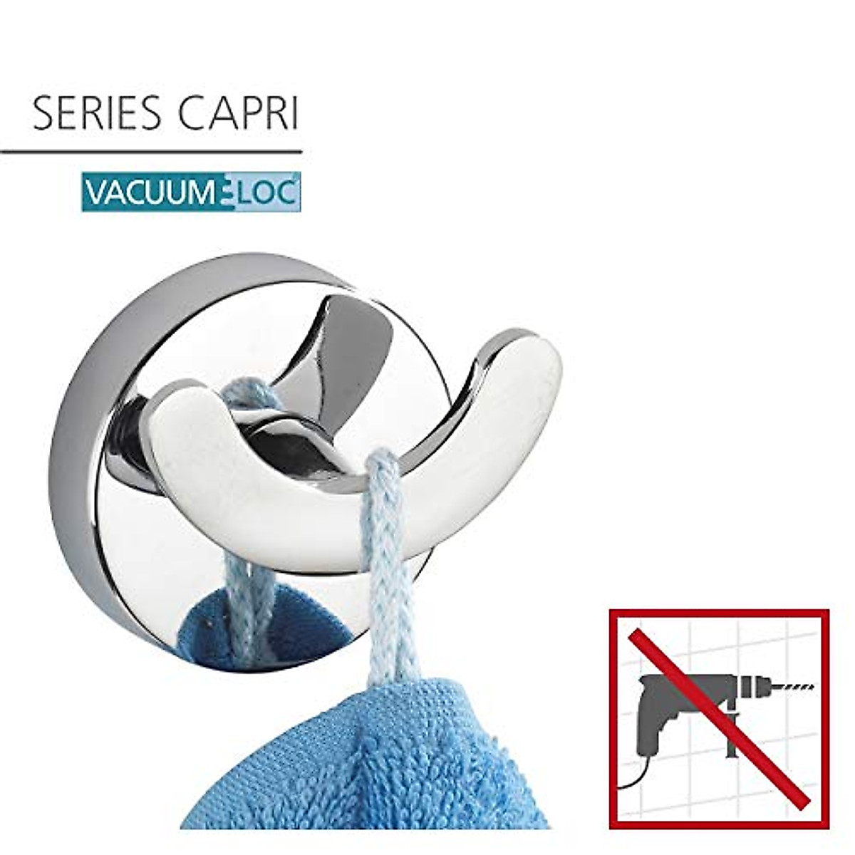 WENKO, Chrome, Towel Vacuum-Loc System, No Drilling Wall Hook, Rustfree, Dimensions 1.57 x 2.56 x 2.36 in, 4x6,5x6 cm