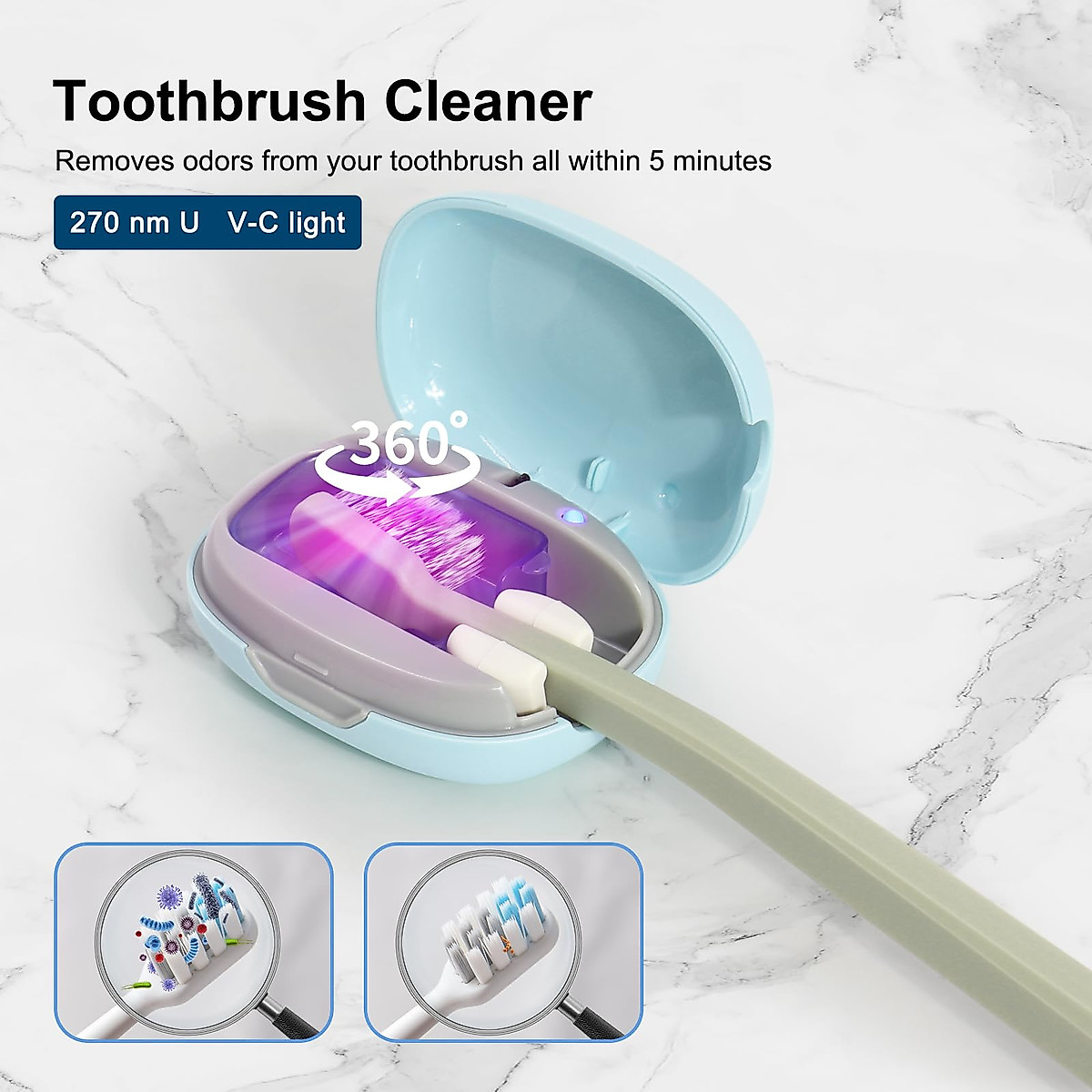 ELMWAY Toothbrush Holder, Toothbrush Cleaner Case, Portable USB Charging Toothbrush Cover with U V-C Light, Travel Toothbrush Holder