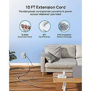 TROND Ultra Thin Flat Extension Cord 10 ft, Flat Plug Power Strip Surge Protector, 6 Wide Space Outlets 3 USB Ports(1 USB C), 3 Side Outlet Extender, Desk Charging Station Compact for Travel Home Dorm