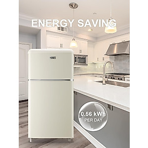 WANAI Compact Refrigerator 3.5 Cu.Ft Retro Mini Fridge With Freezer 2 Door Mini Refrigerator with 7 TEMP Modes, Removable Shelves, LED Lights, Ideal for Apartment Camper Dorm and Office, Cream